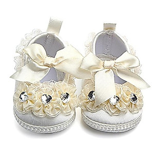LFHT Baby Girl Infant Satin Mary Jane Baptism Shoes Dance Ballerina Slippers (6-9 Months, Beige)