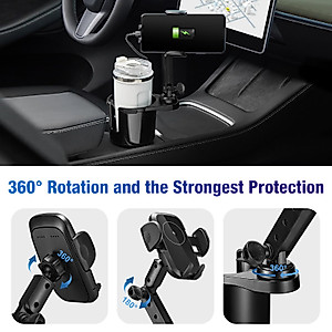 THIS HILL 3-in-1 Car Wireless Charger Cup Holder, Upgrade 15W Charging, Car Cup Holder Phone Mount with Adjustable Base & 360° Rotation Compatible for All Smartphones(with Car Adapter)