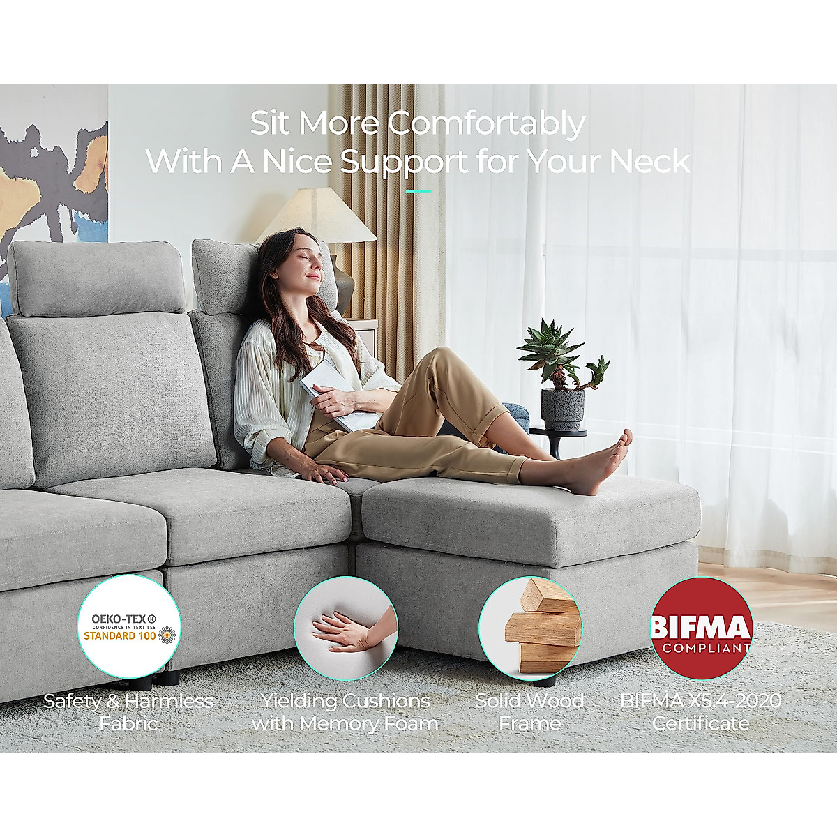 LINSY HOME Modular Sectional Sofa, Upgraded High Back Sectional Couch with 4 Headrests, L Shaped Sofa Bed with Storage, Sofa Covers Removable, 5 Seat Couch with Ottoman for Living Room, Grey