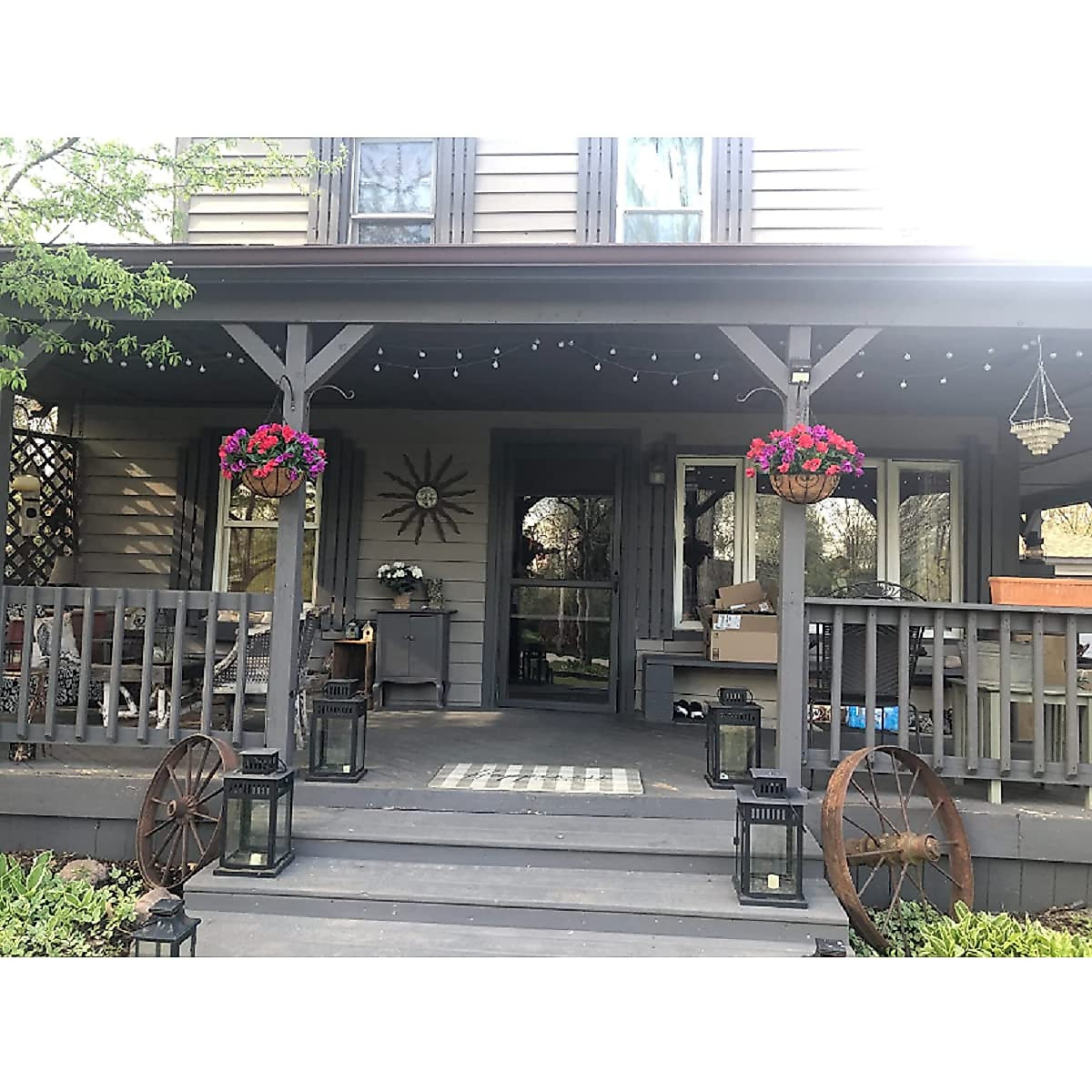 Artificial Fake Fall Hanging Flowers Plants Basket for Outdoor Autumn Decor, Faux Silk Bougainvillea Flowers in Planter Look Real UV Resistant Faux Flowers Arrangement for Porch Home Patio Garden, Red