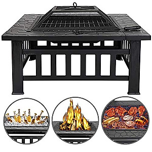 32" Square Metal Fire Pit Outdoor Patio Garden Backyard Stove Firepit Brazier