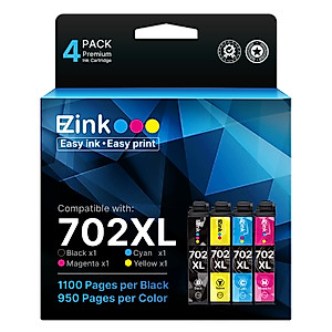 E-Z Ink (TM) Remanufactured Ink Cartridge Replacement for Epson 702XL T702XL 702 T702 to use with Workforce Pro WF-3720 WF-3730 WF-3733 Printer (1 Large Black, 1 Cyan, 1 Magenta, 1 Yellow, 4 Pack)