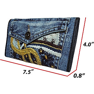 Bijoux de Ja Upcycling Blue Denim Embroidery Flap Cover Pocket Money Long Wallet Purse Clutch for Women (RANDOM)
