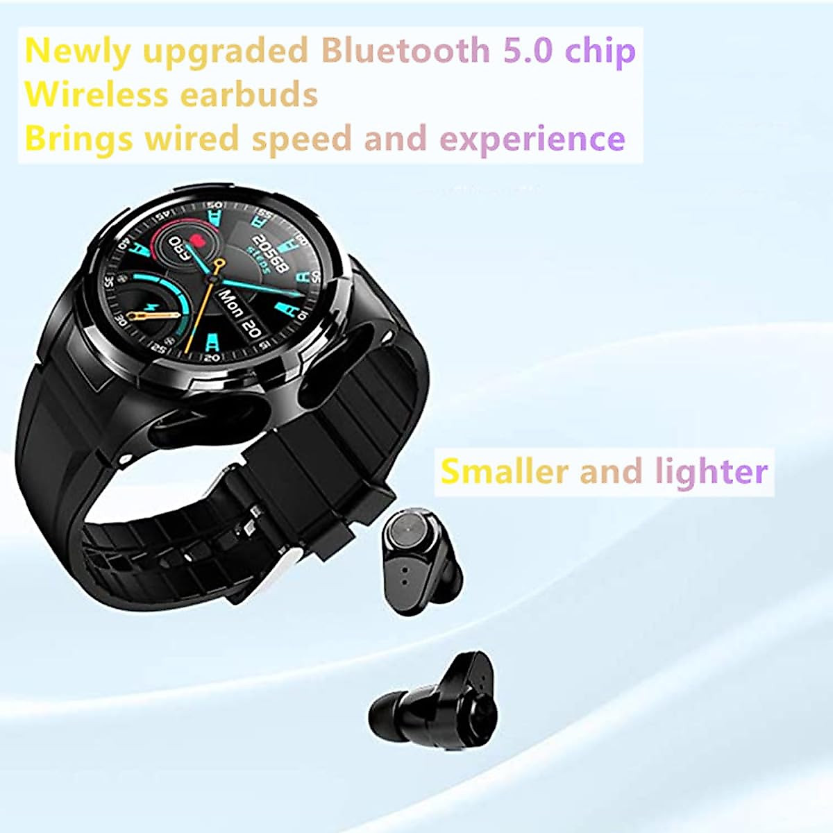 Rainbuvvy Smart Watch with Wireless Earbuds, 1.3 Inch Bluetooth 5.0 Waterproof & 2-in-1 TWS Bluetooth 5.1 Earphones, 320mAh Long Standby, Fitness Activity Tracker for Android iOS Phone (Steel-Black)