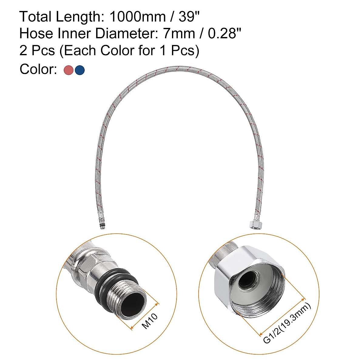 uxcell 39Inch Long Faucet Supply Line Connector, 2pcs G1/2 Female Compression Thread x M10 Male Connector Braided Short 304 Stainless Steel Water Supply Hose Line