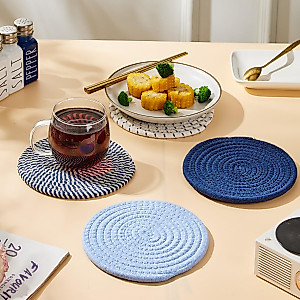 Trivets for Hot Dishes,7.3" Resistant Pot Holders for Kitchen,Kitchen Essentials,Farmhouse Kitchen Decor,Blue Hot Plate Mats,Non-Slip Cotton Material,Blue Kitchen Accessories (Blue)