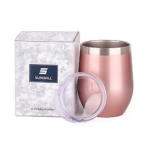 SUNWILL Insulated Wine Tumbler with Lid Rose Gold, Double Wall Stainless Steel Stemless Insulated Wine Glass 12oz, Durable Insulated Coffee Mug, for Champaign, Cocktail, Beer, Office