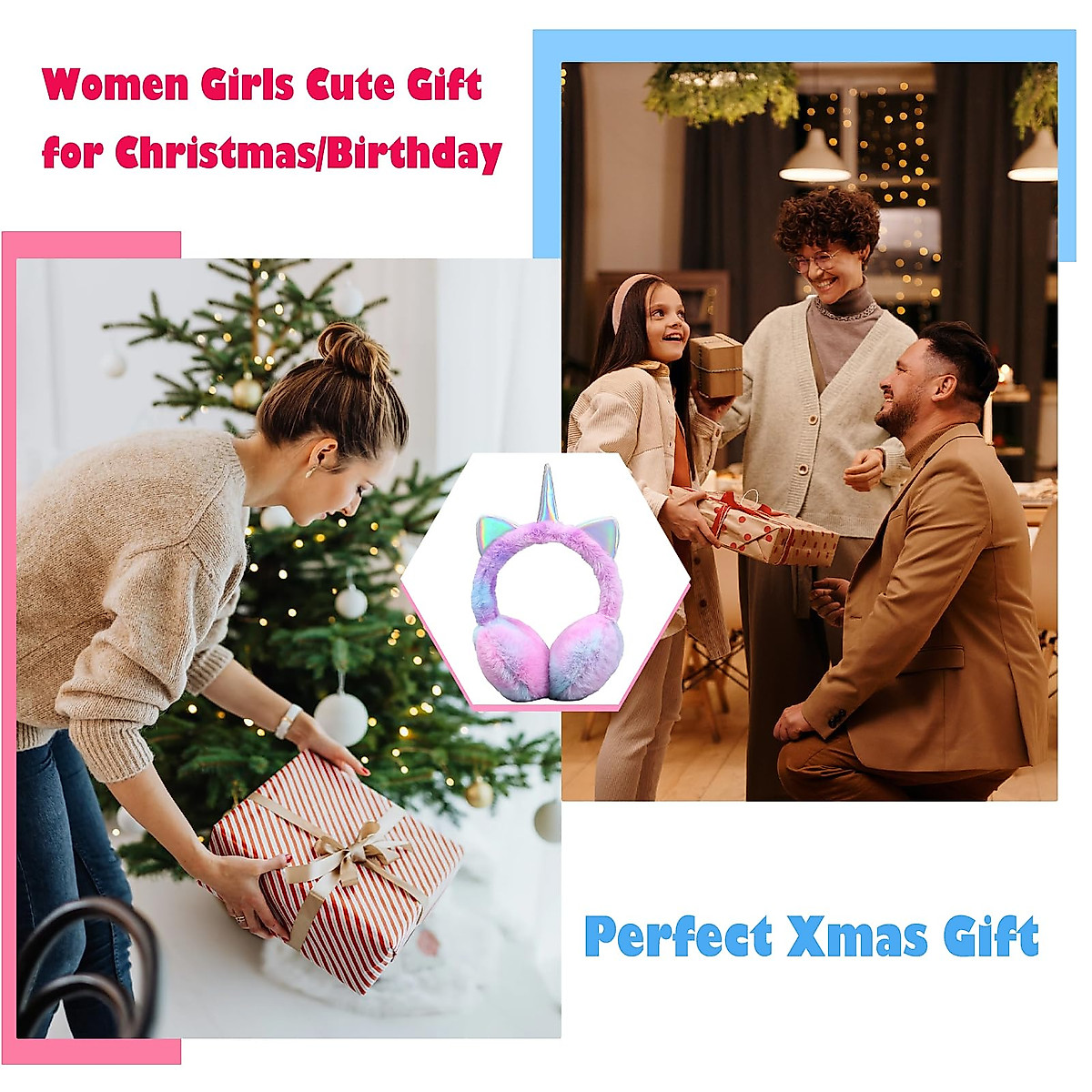 CHUANGLI Winter Unicorn Earmuffs, Cute Cartoon Earmuff Rainbow Ear Warmers for Girls/Women's Gift