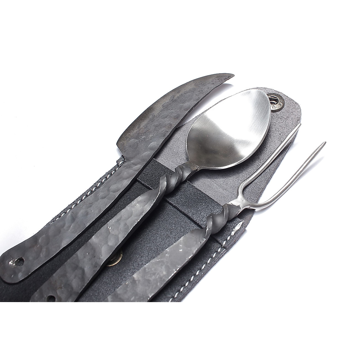 Handforged Medieval Cutlery Set - Stainless Steel Knife, Fork and Spoon Set - Includes Genuine Leather Utensil Pouch