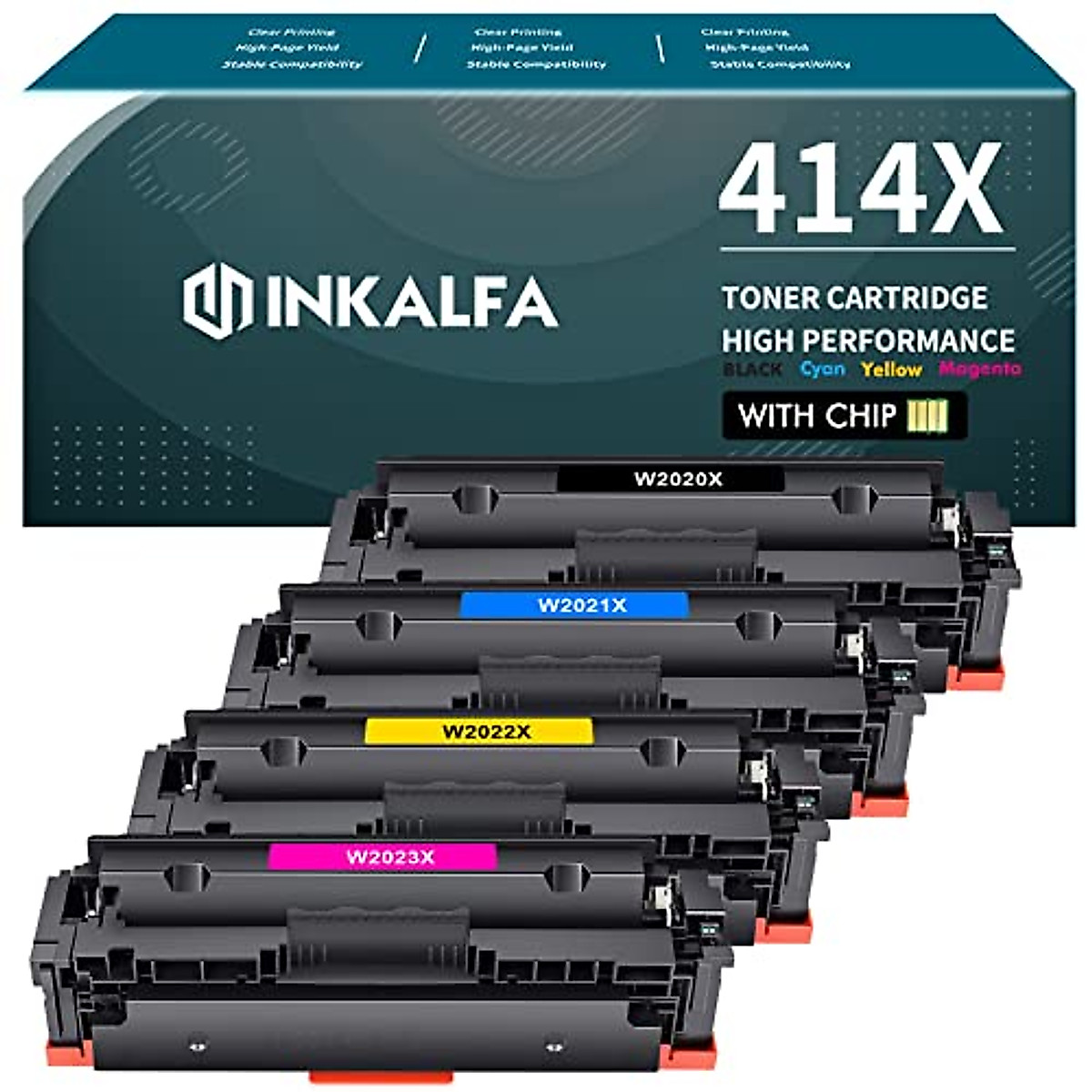 inkalfa 414X Toner Cartridges 4 Pack High Yield 414A (with Chip) Compatible Replacement for HP 414X W2020X 414A W2020A Work for HP Color Pro MFP M479fdw M454dw M479fdn M454dn M479 M454 Printer Toner