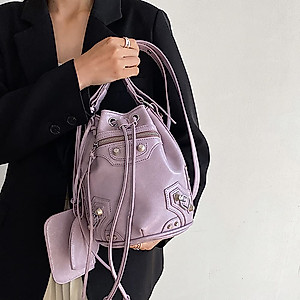 Large Capacity Bucket Bag Purses for Women, Cool Studded Punk Motocycle Crossbody Bag,PU Leather Drawstring Shoulder City Bag (Purple)