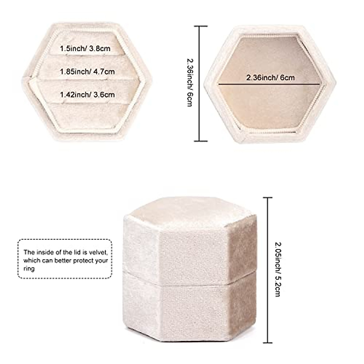 WantGor Velvet Jewelry Ring Box, 3 Slots Hexagon Ring Gift Box Vintage Ring Display Holder Case for Wedding Ceremony Proposal Engagement (Beige, 3 Slots)