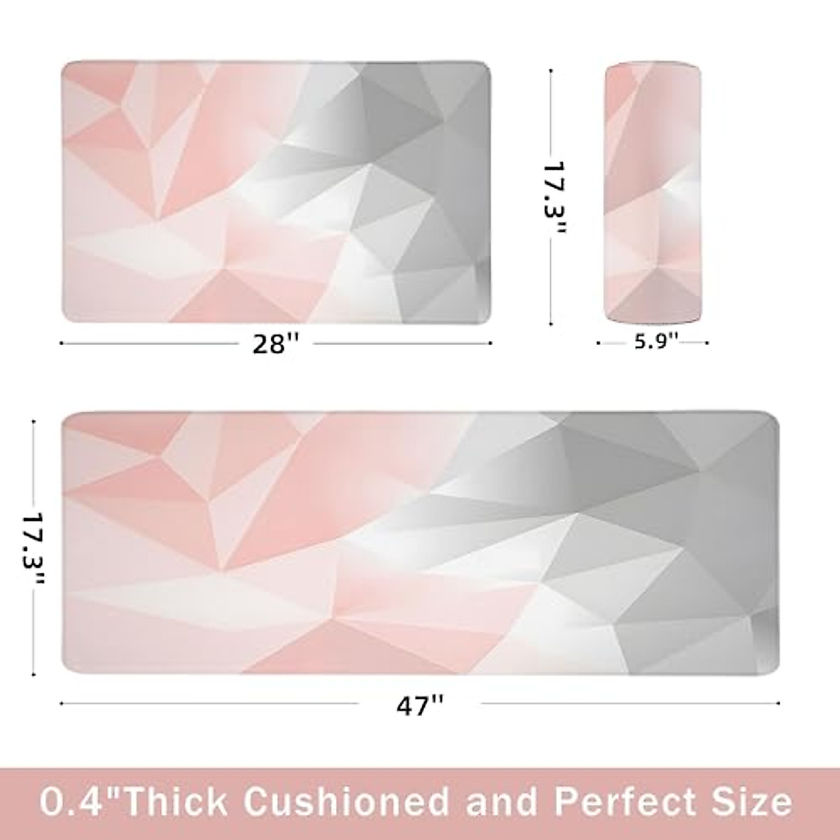chiinvent Pink Kitchen Rug Set of 2, Anti-Fatigue Pink and Grey Marble Kitchen Mat, Non-Slip Waterproof Comfort Standing PVC Kitchen Mats for Floor, Memory Foam Cushioned Rugs,17.3"x28"+17.3"x47"
