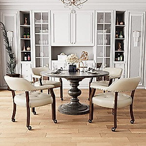 LEEMTORIG Dining Chairs with Casters and Arms, Faux Leather Accent Kitchen Table Chairs with Wheels, Roller Poker Table Chair, Wooden Captains Chair, Espresso Legs & Beige, XXY-1910-BG