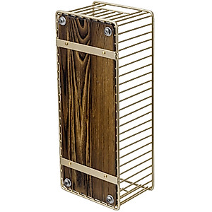 MyGift Modern Brass-Tone Metal Wire Toilet Paper Holder Basket with Rustic Burnt Solid Wood Base, Toilet Tank Topper Organizer Tray Bathroom Sink Counter Toiletries Storage