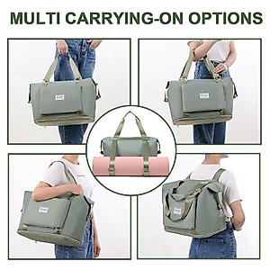BECOJADDE Double Shoulder Strap Expandable Travel Bag with Wet Compartment, Foldable Carry On Travel Tote Bag, Green