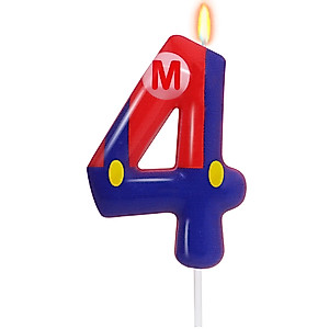 Blue Red 4th Birthday Candle for Boys Girls - Birthday Party Cake Decorations, Number 4 Cake Topper, Cartoon Game Themed Party Decor Kids Party Supplies