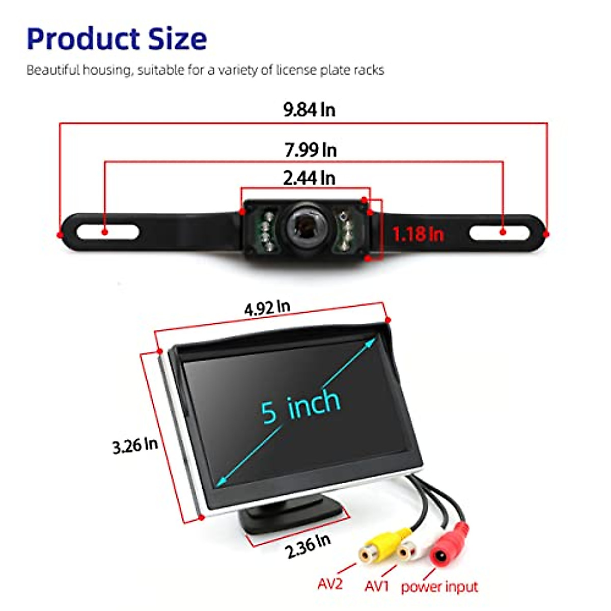 AUCELI Car Backup Camera, IP67 Waterproof Clear Night Vision Reverse Camera, HD 1080P 5 Inch Rear View Monitor System, Two Channels Car License Plate Camera Kit for Car Truck Van SUV and More