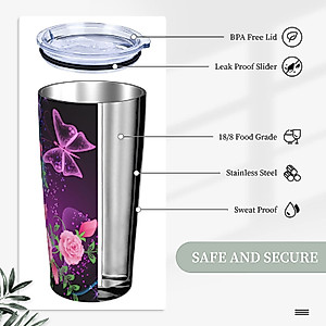 Dujiea 20oz Tumbler With Lid And Straw, Flowers Smoke And Butterfly Vacuum Insulated Iced Coffee Mug Reusable Travel Cup Stainless Steel Water Bottle
