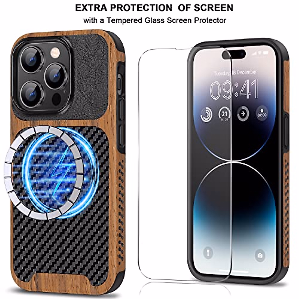 TENDLIN Magnetic Case Compatible with iPhone 14 Pro Max Case Wood Grain with Carbon Fiber Texture Design Leather Hybrid Slim Case (Compatible with MagSafe) Black