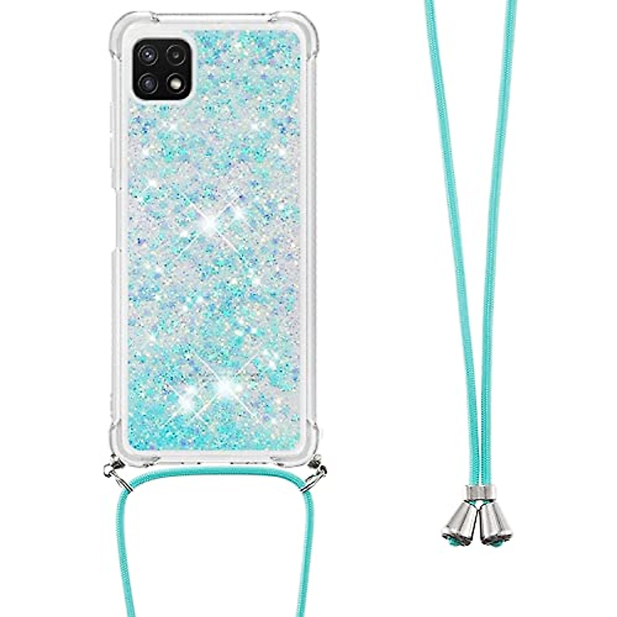 HOUSON for Samsung Galaxy A22 5G Case, Moving Liquid Holographic Sparkle Glitter Case with Crossbody Lanyard Strap, Girls Women Bling Diamond Ring Slim Protective Case for Galaxy A22 5G Blue