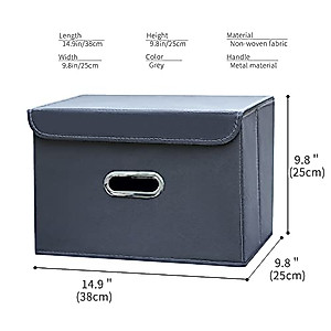 SEVENDOME Linen Fabric Foldable Collapsible Storage Cube Bin Organizer Basket with Lid, Leather Handles, Removable Divider for Home, Closet (Grey, 3Pcs)