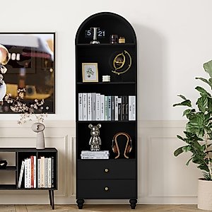 UHMUVFM 75.6" H Arched Bookcase, 4-Tier Arched Cabinet Bookcase with Drawer and Shelves, Accent Display Cabinet with 2 Drawer Storage for Living Room, Reading Room and Bedroom (Black-1)