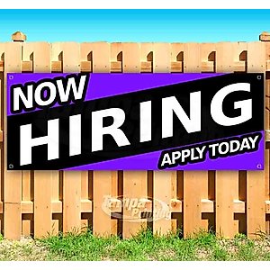 Now Hiring Apply Today Banner 13 oz | Non-Fabric | Heavy-Duty Vinyl Single-Sided With Metal Grommets