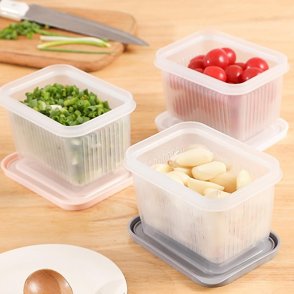 GIFZES Fruit Storage Containers for Fridge, Fruit Vegetable Produce Saver Containers Fridge Organizers with Airtight Lid & Colander, BPA-Free Vegetable Storage Lettuce Keepers for Refrigerator White