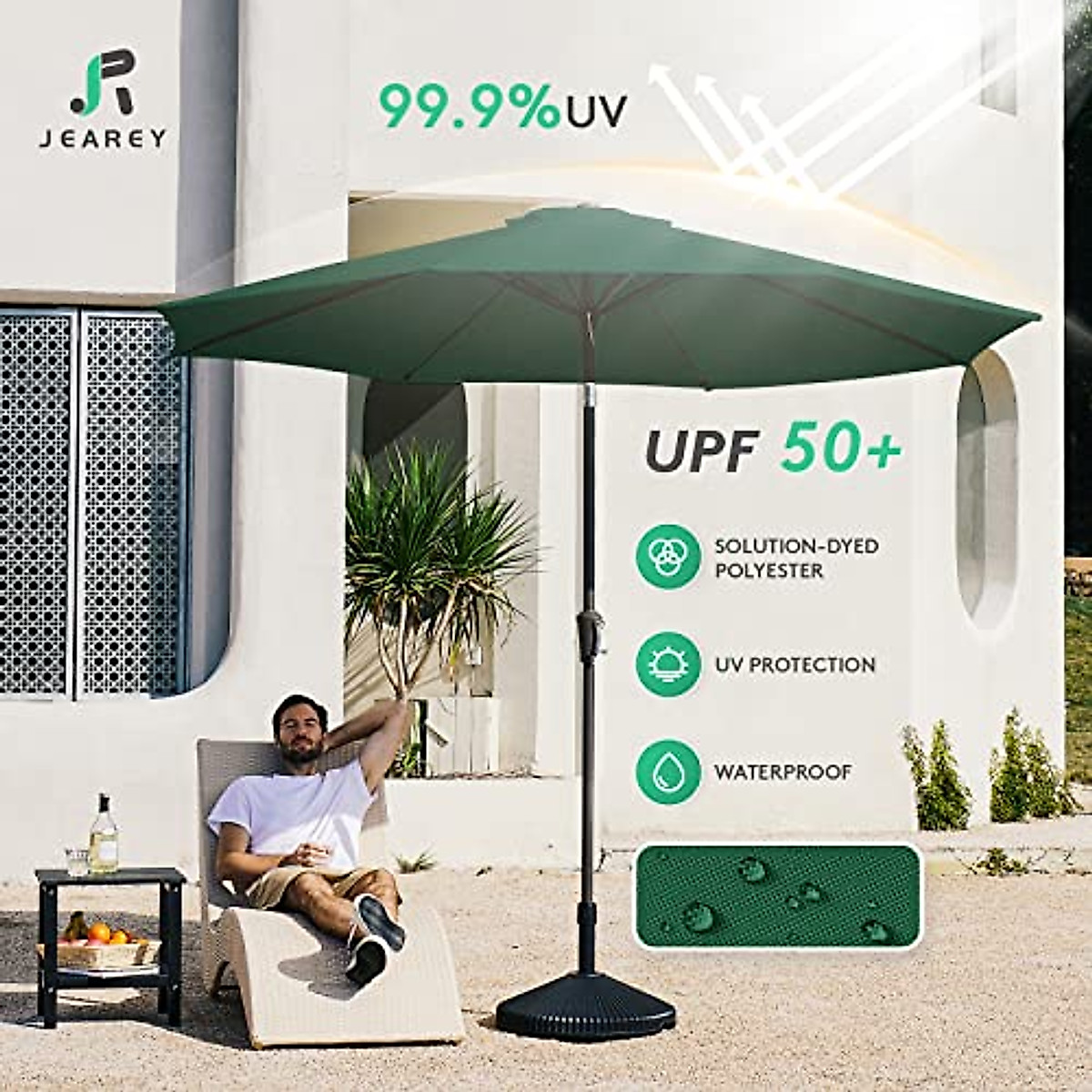 JEAREY 9FT Outdoor Patio Umbrella Outdoor Table Umbrella with Push Button Tilt and Crank, Market Umbrella 8 Sturdy Ribs UV Protection Waterproof for Garden, Deck, Backyard, Pool (Dark Green)