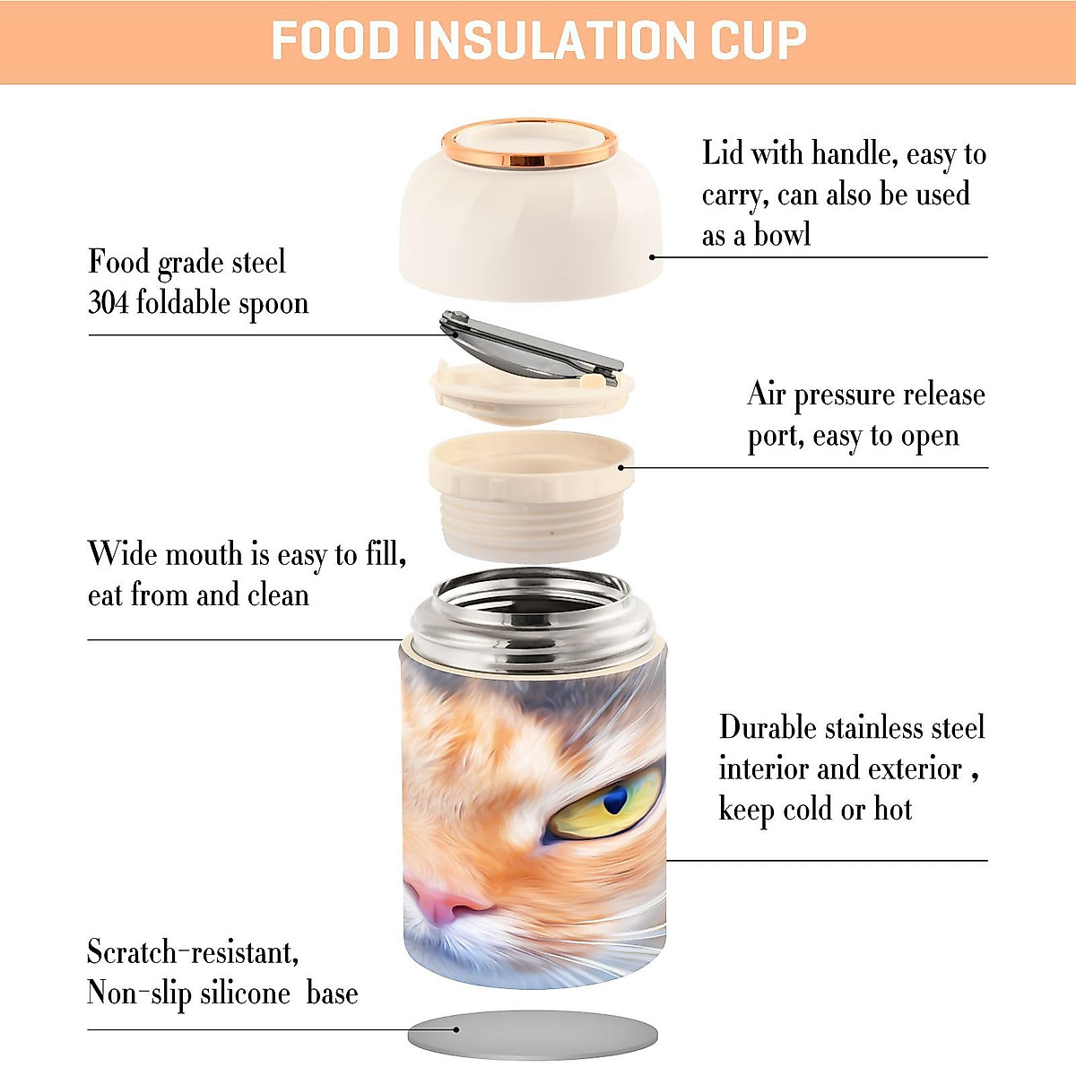 CUPADA Pretty Kitten Cute Food Jar, Lovely Cats Pets Insulated Hot Food Jars Vacuum 17OZ with Folding Spoon for Work Trip Picnic Camping