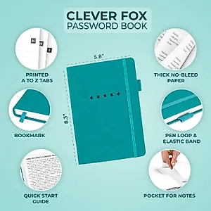Clever Fox Password Book – Alphabetized Internet Address & Password Organizer – Computer & Website Password Keeper Notebook – Log-In Password Journal - Medium, A5, 8.3x5.8″, Hardcover (Turquoise)