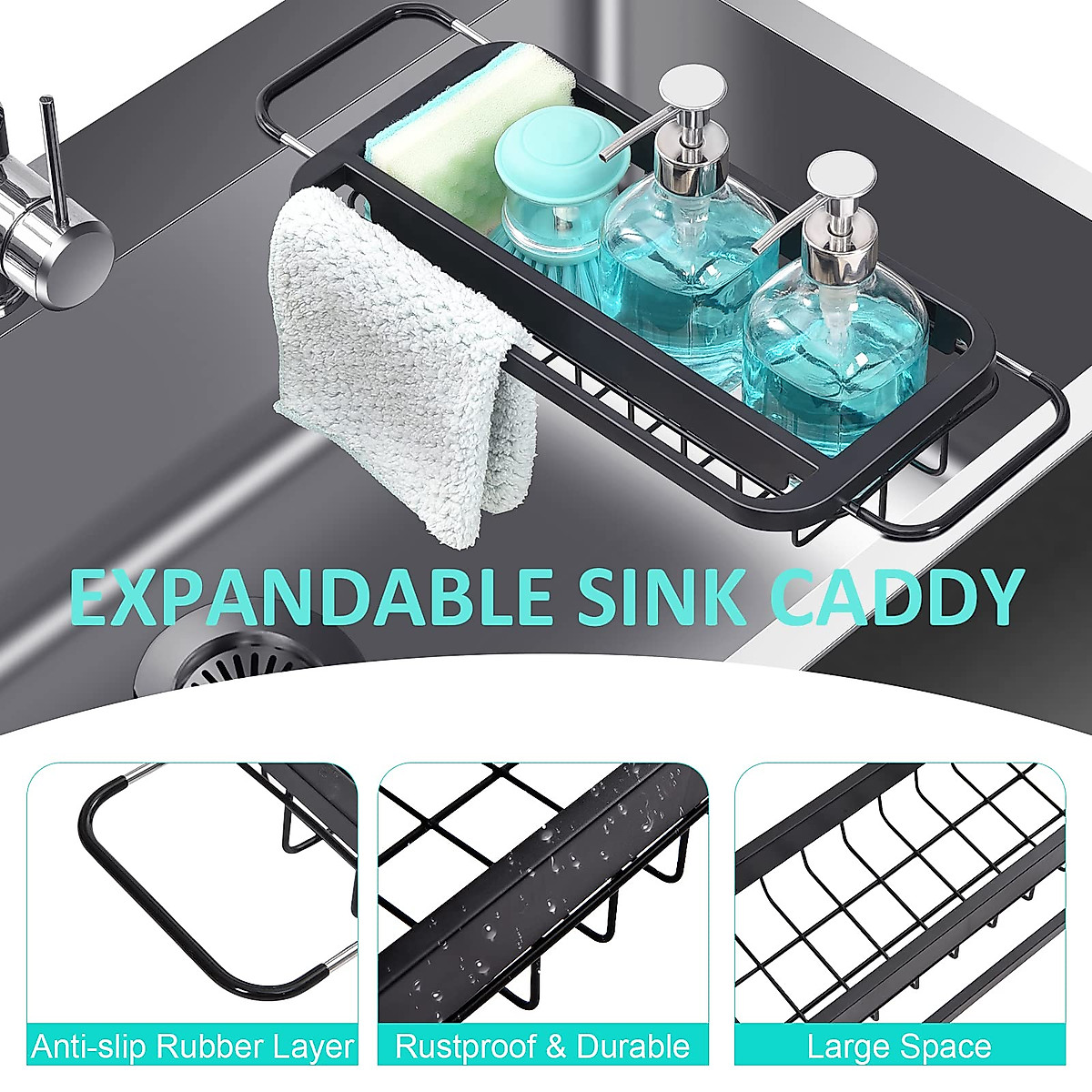 TOOLF Expandable Sink Caddy, Sink Drying Rack with Dish Towel Bar, Over The Sink Adjustable Sink Organizer for Kitchen, Rustproof Sponge Holder Organizer