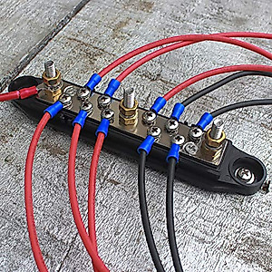 Mofeez Bus Bar -3x1/4”Post,10x#8 Screw Terminal Power Distribution Block with Ring Terminals(Pair - Red & Black)