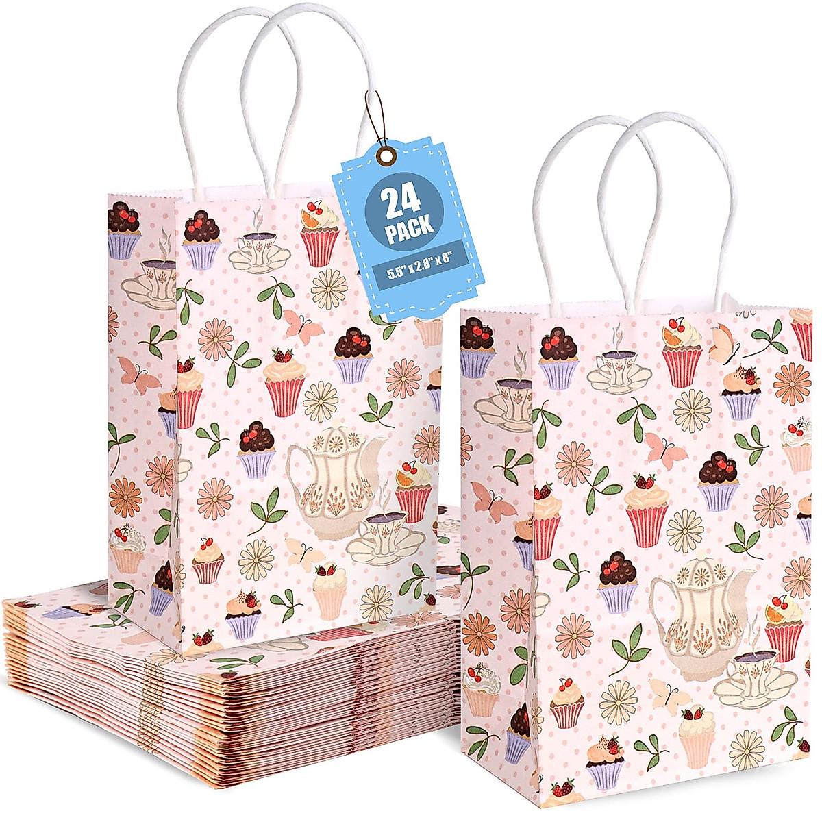 VGOODALL 24PCS Tea Party Gift Bags, 5.5x2.8x8 Inches Gift Bags with Handles Party Favor Bags Goodie Bags Paper Bags For Girl Birthday, Party Supplies, Wedding, Baby Shower, Crafts, Lady Shopping Bags