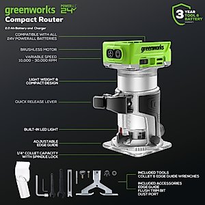 Greenworks 24V Cordless Trim Router, Variable Speed Brushless Motor Compact Palm Router with 2Ah Battery and Charger