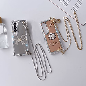 Omio for Samsung Galaxy Z Fold 3 5G Mirror Case with Crossbody Lanyard Luxury 3D Sparkle Crystal Diamond Bling Glitter Cute Slim Makeup Hard PC Phone Case for Galaxy Z Fold 3 Women Girls, Gold