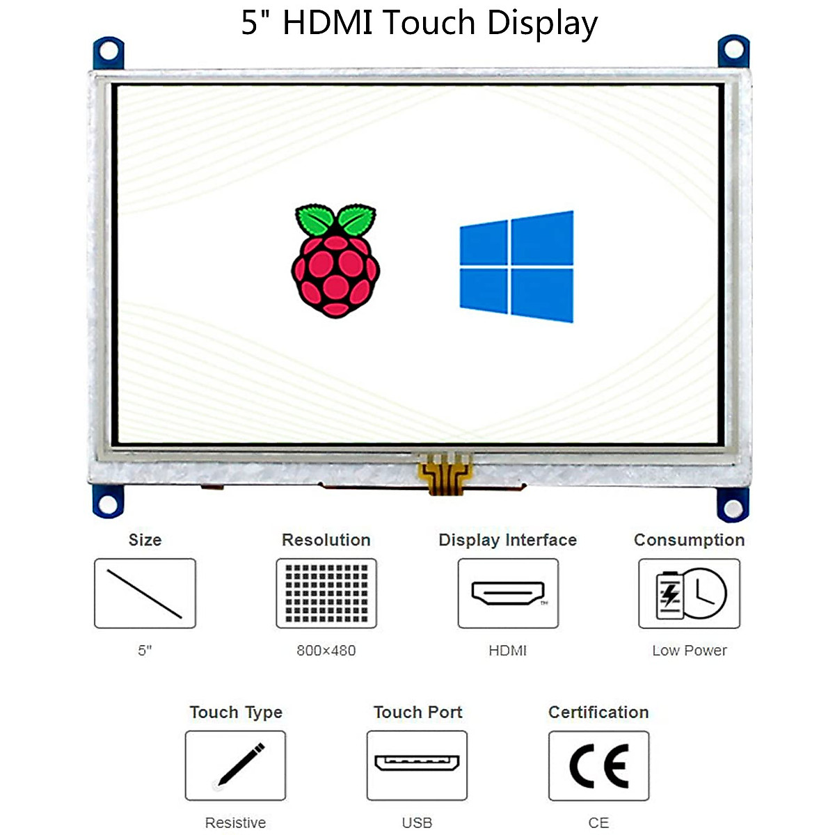 waveshare 5inch HDMI LCD Resistive Touch Screen LCD (B), 800x480 Resolution, Support All Versions of Raspberry Pi,Windows 10/8.1/8/7, BB Black, as Well as General Desktop Computers