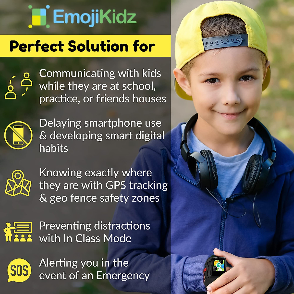 Emojikidz Kids Smartwatch with SIM Card - Ages 4-12 Years for Boys & Girls - GPS Tracking Locator SOS Alarm Remote Monitoring 2-Way Face to Face Call Voice & Video Camera Worldwide Coverage - Black