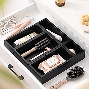 Oyydecor Bamboo Drawer Organizer Storage Box Set, 5-Piece Multi-Use Junk Drawer Organizer for Kitchen, Bathroom, Office Desk, Dresser, Makeup, Vanity (Black)