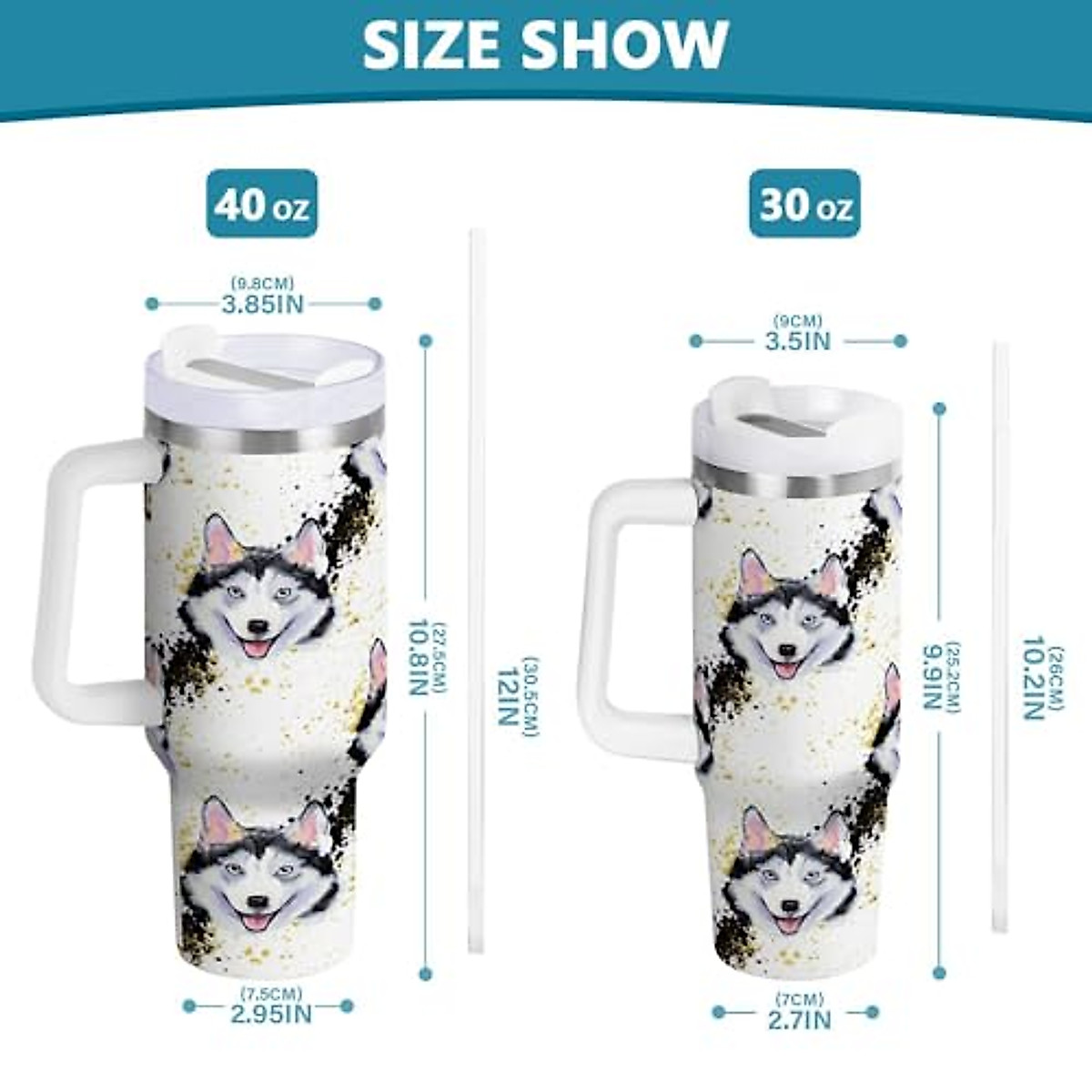 RPLIFE Watercolor Kawaii Husky Dog Tumbler with Handle, Stainless Steel Coffee Mug, Tumbler with Straw