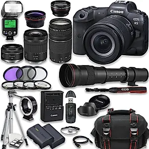 Canon EOS R5 Full Frame Mirrorless Camera with RF 24-105mm STM & 75-300mm f/4-5.6 III + RF 50mm f/1.8 STM + 420-800mm f/8.3 HD Lenses + 128GB Memory Card + TTL Flash, Extra Battery, Tripod(Renewed)