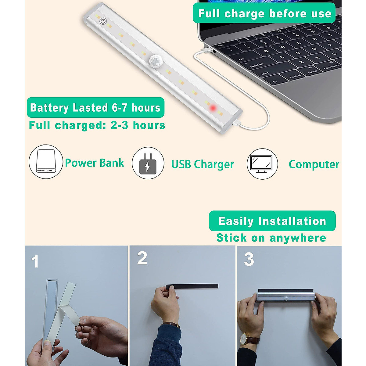 Anbock Under Cabinet Lighting Remote Control 6 Packs 20 LEDs Rechargeable Touch Lights with Timer Dimmer 3 Colors Wireless Install Easily, Perfect for Stairs Kitchen Kids Room Under Counter Closets