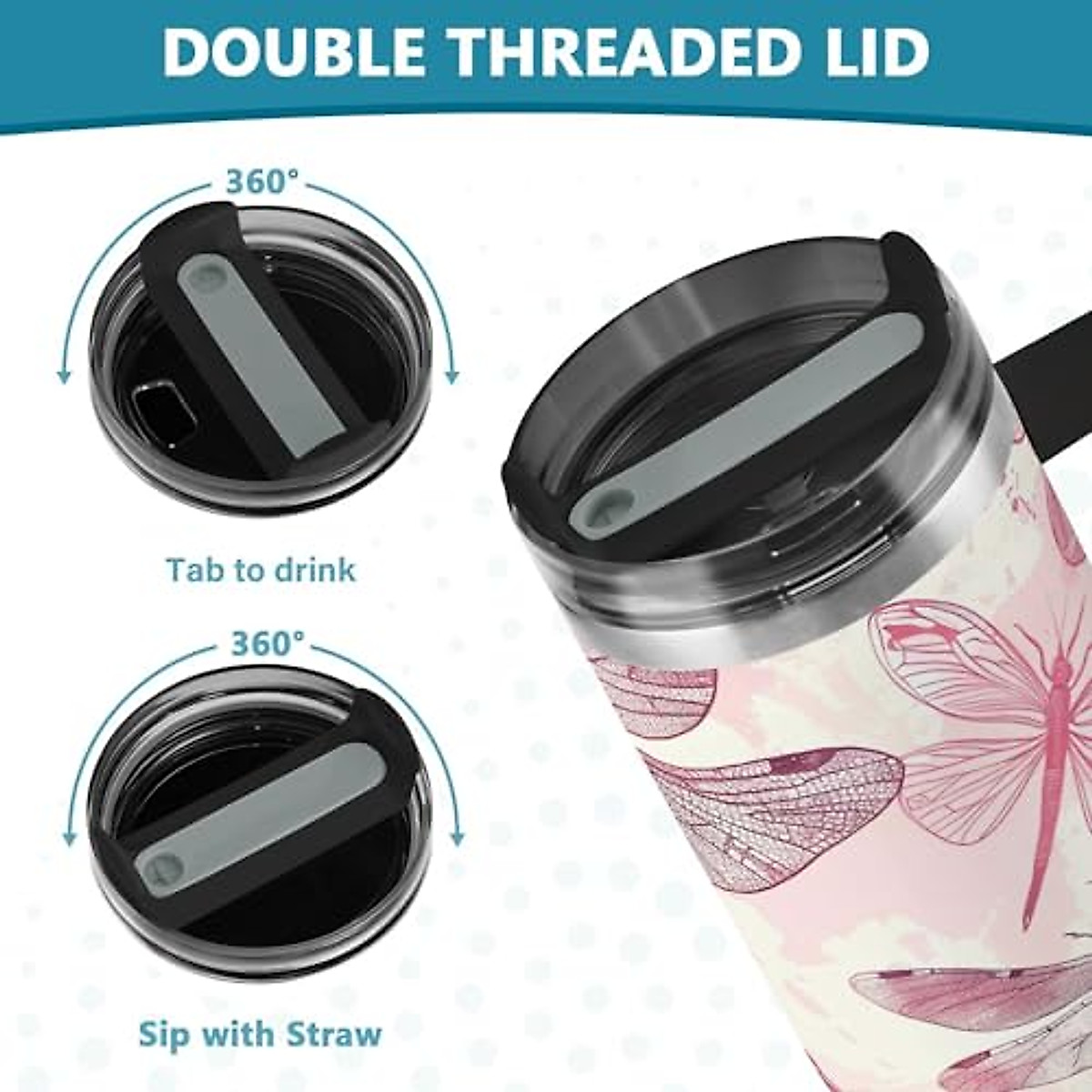 FRCSDIY Beautiful Dragonfly Insulated Tumbler with Handle and Straw Lid,40oz Leakproof Stainless Steel Cup BPA-Free Water Bottle