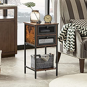 VECELO Tall End Side Table, 27.3''Nightstands Storage Shelf, 2 Set Sturdy Steel Frame for Bedroom, Living Room, Industrial Design,Rustic Brown, 2 Drawers