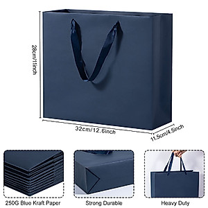 Driew Extra Large Navy Blue Gift Bag, 12 Pcs, 12.6x4.5x11 inches Kraft Paper, Ribbon Handles, Ideal for Wedding, Party, Shopping, DIY