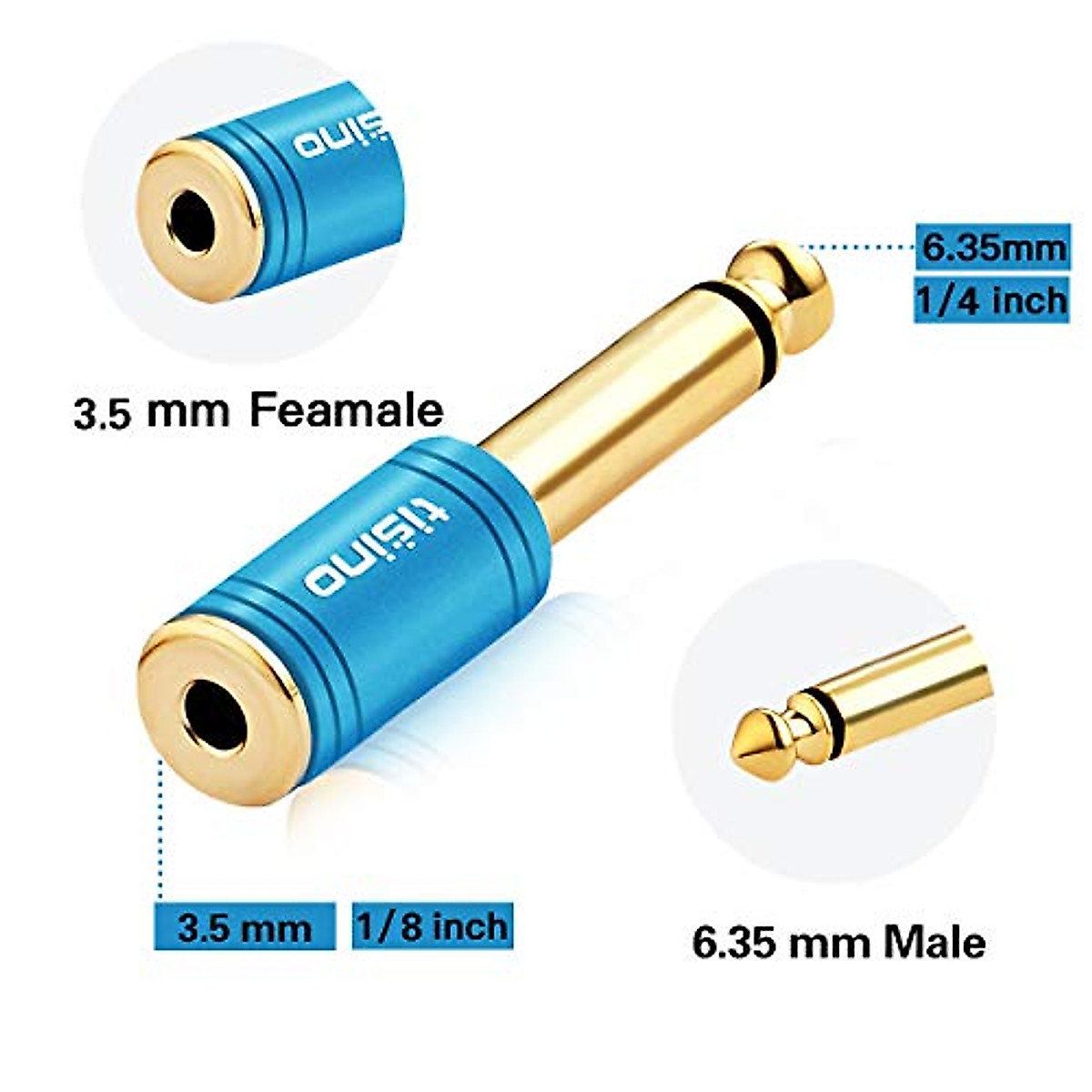 Disino 1/4 Mono to 3.5mm Stereo Adapter, Gold Plated 6.35mm TS Male Plug to 1/8 inch TRS Female Audio Connector - 2 Pack