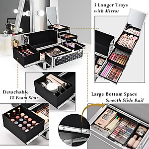 Joligrace Rolling Makeup Case with Wheels Professional Cosmetology Large Train Case Wheeled Cosmetic Trunk with 8 Divided Trays for Makeup Artist, Hair Stylish or Home Use - Black