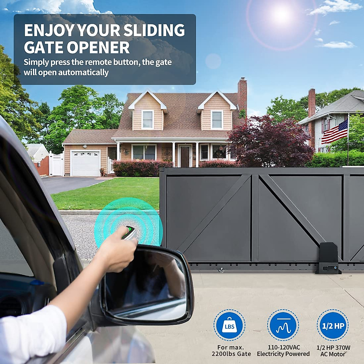 TOPENS RK990T Automatic Sliding Gate Opener Rack Drive Electric Gate Motor for Heavy Driveway Slide Gates Up to 2200 Pounds, Security Gate Operator AC Powered with Nylon Gear Rack and Remote Control