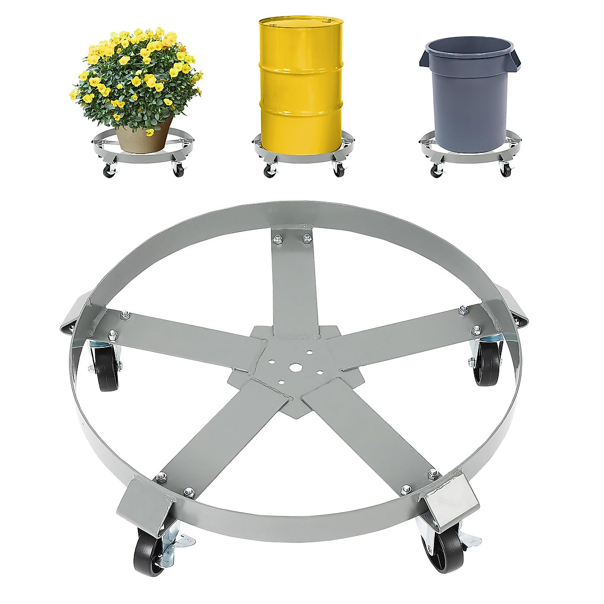 GarveeTech Drum Dolly - 67cm Outer Ring Diameter, 1250lbs Load Capacity, 55GAL, 3mm Plate Thickness, 3" Universal Wheels with Brakes